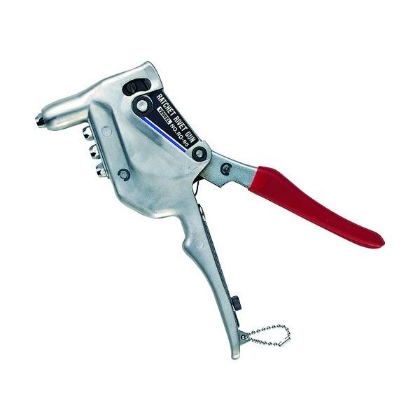 ■特徴 ラチェット式のため片手で楽にブラインドリベットのかしめ作業がおこなえます。 従来困難であった4.8mmの鉄製リベットも使用できます。  ■用途 ドア、フェンス、自転車の修理、屋根工事、看板の取り付けに。  ■付属品 ノーズピース（2...