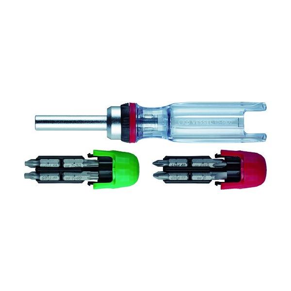 ■特徴 ビット差替式の本締め対応・ラチェットドライバーです。 1本に［［＋］］、［［-］］、六角、TORX［［R下］］ビットの合計16サイズを収納しています。 精密な72ギアラチェットでスムーズな作業が可能です。 ビットはカセット式でグリッ...