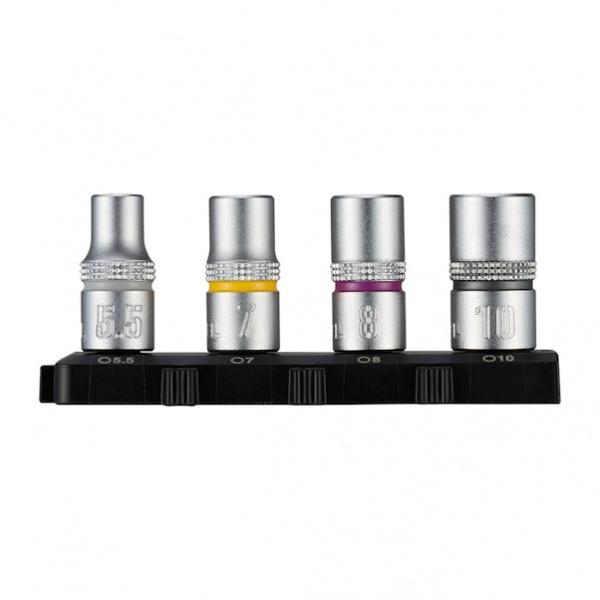 【特長】 保管や持ち運びに便利、横にも縦にもホルダー同士で連結できる専用ホルダー（サイズ表示付き）。 指先で回せるローレットにサイズがわかるカラーコード。 . 【用途】 各種ボルト・ナット締め緩め作業に。 . 【注意事項】 ハンドツール用の...