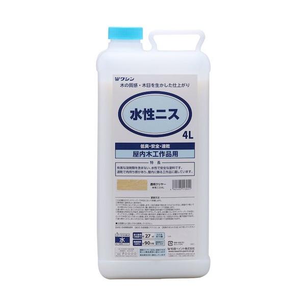 着色とつや出しが同時にできる工作用ニス  【主な用途】 屋内に飾る木の工作品塗り面積（2回塗り）：約27ｍ2（畳約16枚） 乾燥時間（20℃）：約1時間 うすめ液：水（水道水） ニス 水性 木工  【容量】 4L 【カラー】 透明クリヤー ...