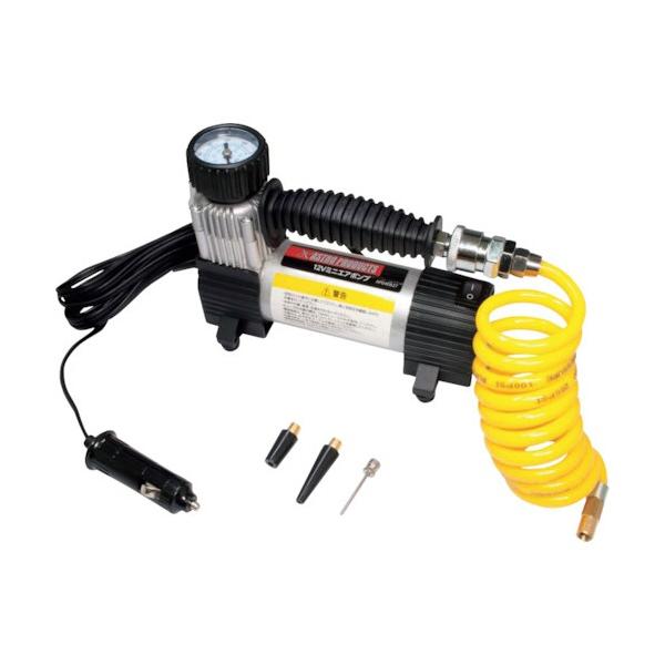 ■特長 DC12V車のシガーソケット電源で、タイヤなどに空気を充填することができる、ミニエアーコンプレッサーです。 シガーソケットに接続し付属のホースを繋ぐだけで、簡単に空気の充填ができます。 ホース先端に取り付ける付属の各種アダプターで、...