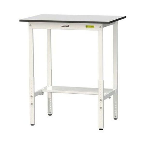 【商品説明】   ●軽作業におすすめの高さ調整式作業台。  収納に便利な半面棚板付き。   ●高さ900mm〜高さ1200mm。  25mmピッチで高さ調整が可能です。   ●改正RoHS指令(RoHS2)10物質規制に対応の塩ビシート天板...