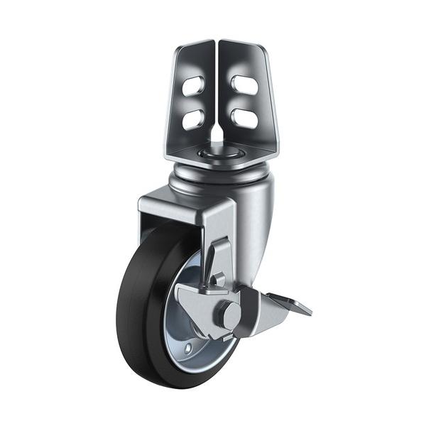 ■特徴 アングルへの取り付けが簡単にできます。 走行性に優れたゴム車輪を使用しています。  ■用途 アングル式の棚や軽荷重機器運搬に。  ■仕様 アングルタイプ 自在式(ストッパー付)  ■材質 金具：スチール 金具表面処理：三価ユニクロ仕...