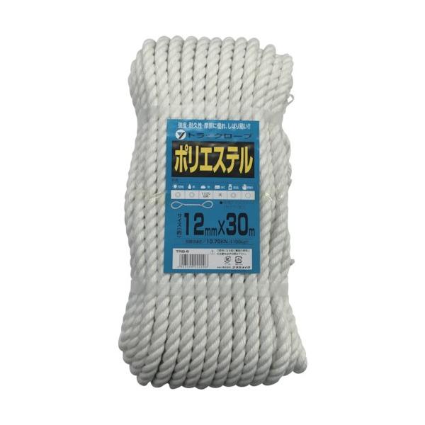 ■特徴 強度・耐水性・耐薬品性に優れたロープです。  ■用途 トラックの荷締めなど。  ■仕様 引張強度KN(kgf)：10.7(1100) 両端アイ加工 ●色:白 ●線径(mm):12 ●長さ(m):30 ●包装形態:バンド掛巻  ●引張...