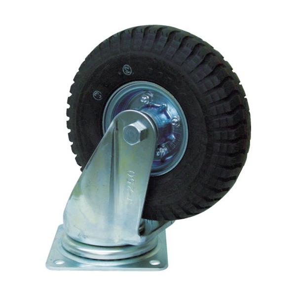 ■特徴 タイヤ内の空気圧を利用して路面よりの衝撃をやわらげます。  ■用途 悪路での運搬用  ■仕様 自在式 プレート式  ■材質 金具:スチール 金具表面処理:ユニクロムメッキ仕上げ 車輪:スチールホイール、ゴム ●許容荷重(kgf):8...