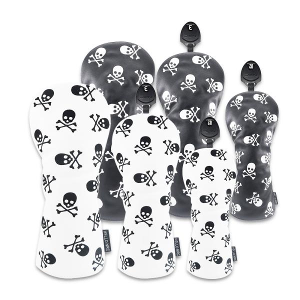 スカル（ドクロ）総柄デザインを採用したゴルフヘッドカバーセット。ドライバー・フェアウェイウッド・ユーティリティに対応しています。PUレザー素材を使用し、防水性と耐久性を確保。内側はクッション性があり、移動時や保管時の衝撃やキズからクラブを守...