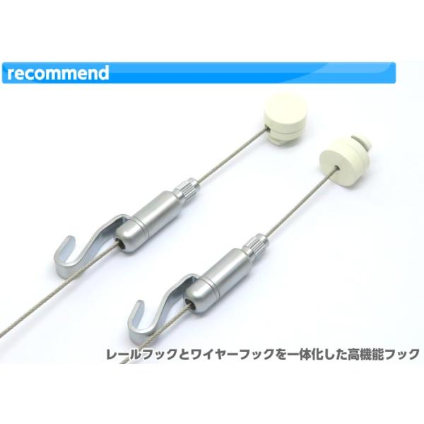 レールを取り付けたままフックが追加できる便利な後付タイプです。本品はピクチャーレールＲ・スリムライン兼用です。壁付けレール用・天井レール用がございます。アイボリー塗装をご用意いたしました。材質・真鍮製（ポイント部分）+ステンレス製ワイヤー+...