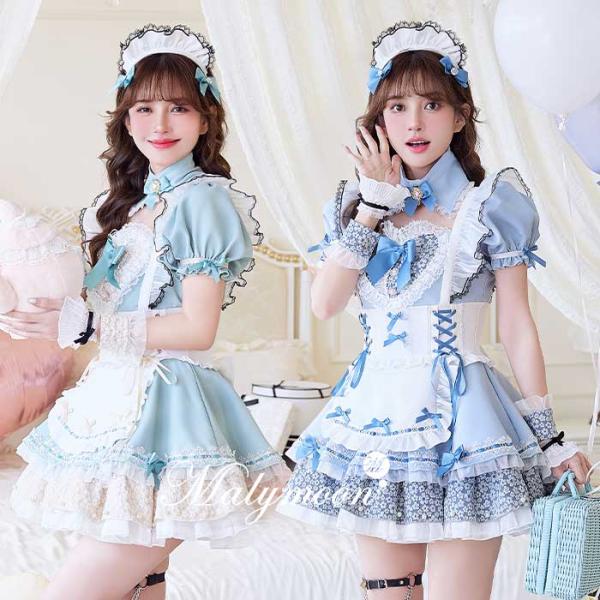 ■セット内容カチューシャ・髪飾り×2・つけ襟・ワンピース・手首飾り・太もも飾り・ソックス・バックリボン■素材ポリエステル92%、スパンデックス8%■生地伸縮性：ややあり透け感：なし裏地：なし■サイズ【フリーサイズ】着丈73cm、袖丈22cm...