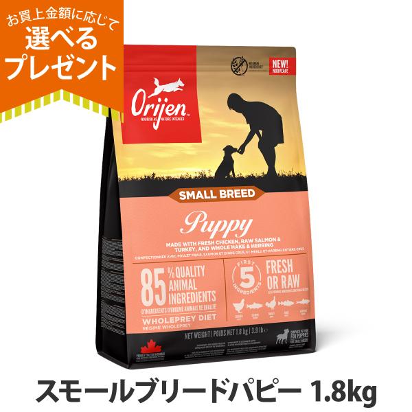 オリジンの解説ペット本来の食生活によりそった豊富な肉・たんぱく量のペットフードスモールブリード パピーの詳細対象小型犬・子犬用スモールブリード パピーについて・85%が良質な動物原材料・新鮮鶏肉、生サーモン、七面鳥肉、ヘイク、ニシンなど、良...