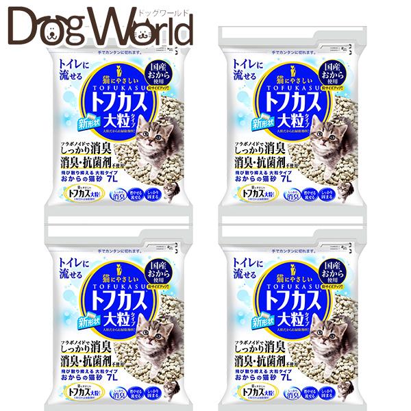 【ご確認ください】こちらの商品は4個入りのケース販売になります。他の商品と同梱できませんのでご注意ください。大粒だからお掃除簡単！フラボノイド効果でしっかり消臭、トイレに流せるおからの猫砂です。■内容量：7L×4個■重量：16kg■形状：ペ...