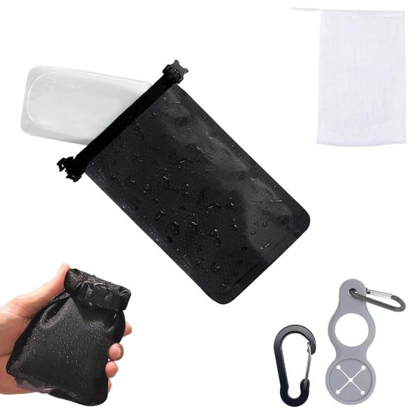 【商品仕様】【商品名】：石鹸ケース【素材】：ナイロン+TPU加工【カラー】：ブラック【サイズ】：15*10.5cm【梱包内容】：石〓ケース*1、泡立てネット*1、カラビナ*1、タオル＆ペットボトルホルダー*1。