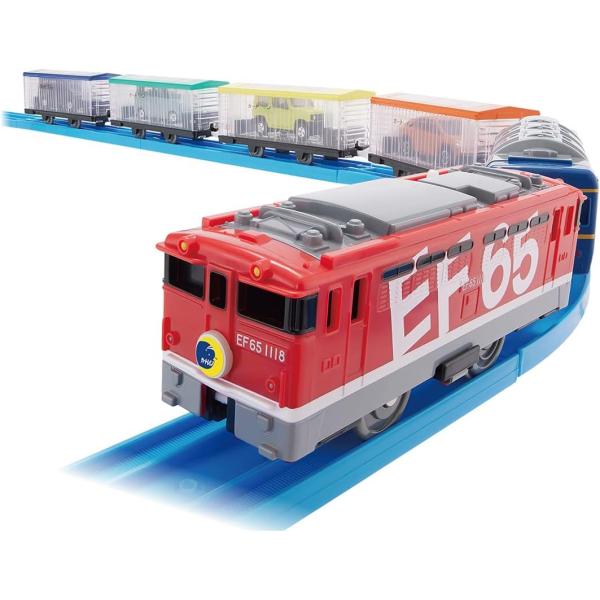 トミカといっしょに遊べる！レインボーカラーのカートレインがプラレールに登場！■「EF65　1118　レインボー塗装機」がモデル■6両編成でそれぞれ連結・切り離し可能■1スピードで電動走行、スイッチOFFで手転がし遊びが可能■貨車にはそれぞれ...
