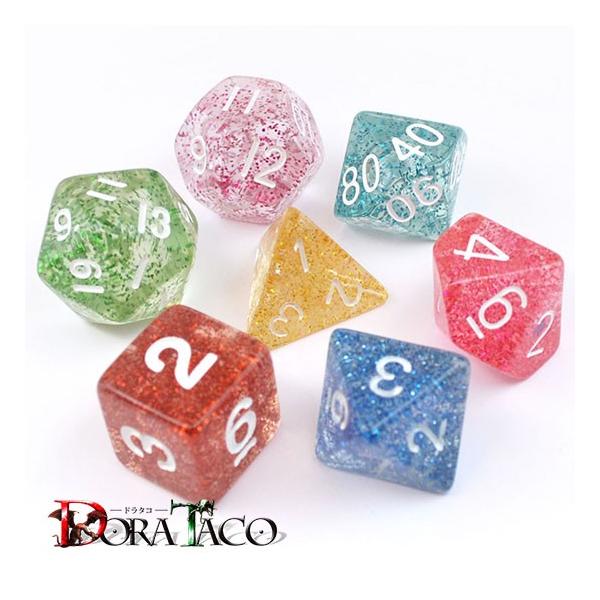 7種の多面体に7色の色を割り当てたカラフルなラメ入りダイスセットです。内容／4面・6面・8面・10面・テンズ10・12面・20面ベース／クリアラメカラー／マルチ