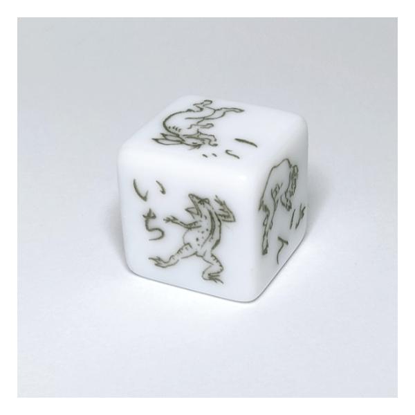 漫画の始祖「鳥獣戯画」の甲巻に登場する兎・猿・蛙をあしらった6面サイコロ。筆で描いた様な濃淡を表現するため、細部まで表現できるレーザー刻印で製造。サイズ／15mm内容／1個出目表現／レーザー刻印