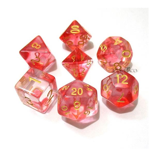 ゴールド文字のマーブル多面体ダイスセットです。内容／4面・6面・8面・10面・テンズ10・12面・20面