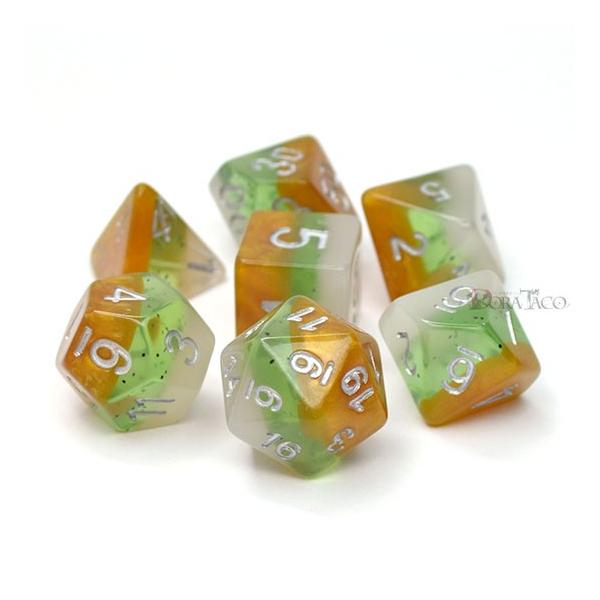 色の層を重ねた多層式ダイス7個セットです。内容／4面・6面・8面・10面・テンズ10・12面・20面