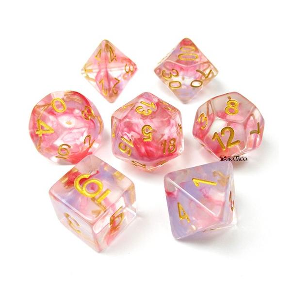 複数色を混ぜたマーブル模様の多面体ダイスセットです。内容／4面・6面・8面・10面・テンズ10・12面・20面