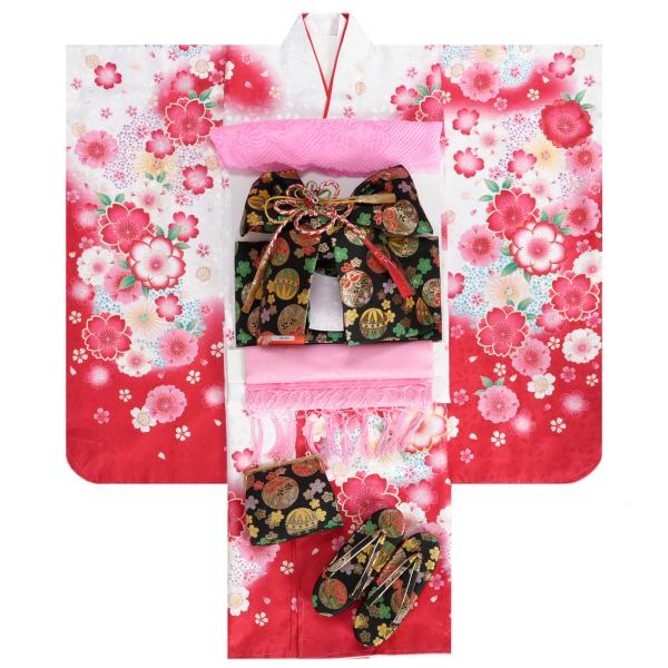 【送料無料】七五三の6〜7歳用の御着物フルセットになり肩上げを含めると全部で20点付いていますので着装に必要な物がセットになります。御着物は白地を基調に赤やピンクなどの染分け切替になっていますので七五三の御祝いに最適な華やかさのある御着物に...