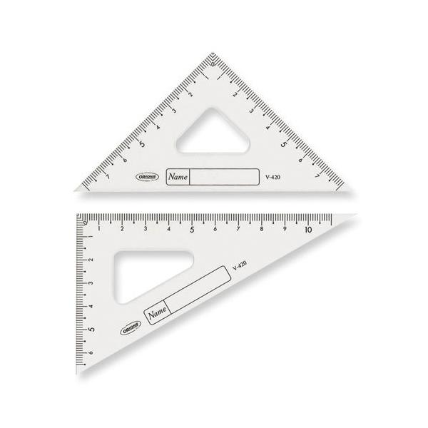 ●品番:V-420●入数:１個●アクリル製で丈夫で透明度の高い三角定規●５ミリごとにドットがあり、読取りやすくなっています。●Ｎａｍｅ欄があり名前を書き込めます。