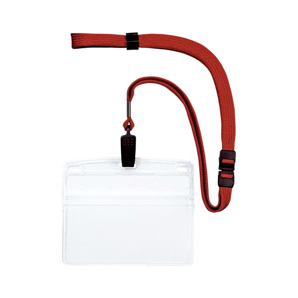 ●品番:NL-21P-RD●入数:１枚●名刺よりのひと回り大きいワイドタイプ。ケースはチャック付。●安全パーツ・長さ調整機能付き。●クリップ部分は胸ポケットに差し込んで固定ができます。●チャック式で水やホコリが入りません。