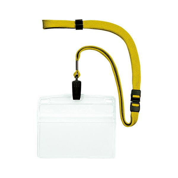 ●品番:NL-21P-YE●入数:１枚●名刺よりのひと回り大きいワイドタイプ。ケースはチャック付。●安全パーツ・長さ調整機能付き。●クリップ部分は胸ポケットに差し込んで固定ができます。●チャック式で水やホコリが入りません。