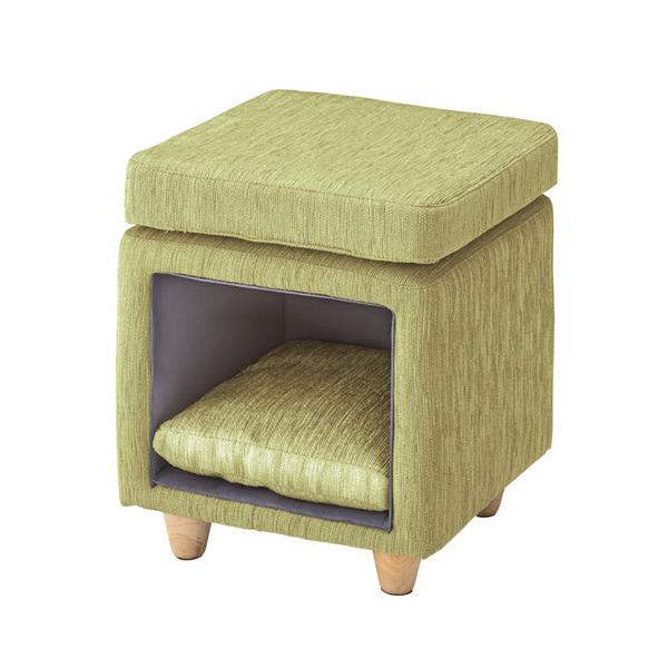 ●品番:PET-62GR●入数:１台●ペットハウススツール　スツール　ペットハウス　ペットベット　犬　猫　ペット　クッション付き　脚付き　天然木　かわいい　収納　スクエア