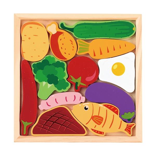 ●品番:021919●入数:１個●12種類の食べ物をモチーフにした、あたたかみのある木製パズルです。●お子さまが安心して遊べるように、ピースの角を丸く仕上げています。●自然素材の優しい質感と安全設計で、親子で一緒に楽しく遊べる知育アイテムです。