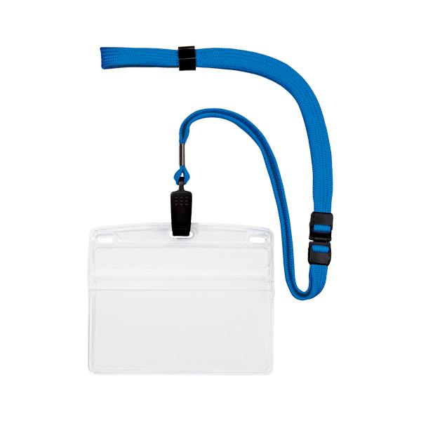 ●品番:NL-21P-SBU●入数:１枚●名刺よりのひと回り大きいワイドタイプ。ケースはチャック付。●安全パーツ・長さ調整機能付き。●クリップ部分は胸ポケットに差し込んで固定ができます。●チャック式で水やホコリが入りません。