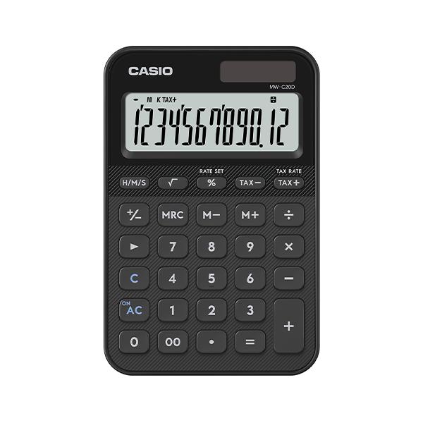 ●品番:MW-C20D-BK-N●入数:１台●デザイン電卓。●カラフル。●卓上でも携帯でも便利なミニジャストタイプ。●１２桁表示。●勤務時間や時給計算に便利な時間計算キーあり。