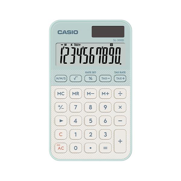 ●品番:SL-300D-LG-N●入数:１台●デザイン電卓。●カラフル。●小型軽量で携帯に便利なノートタイプ。●手帳ケース付き●勤務時間や時給計算に便利な時間計算キーあり。