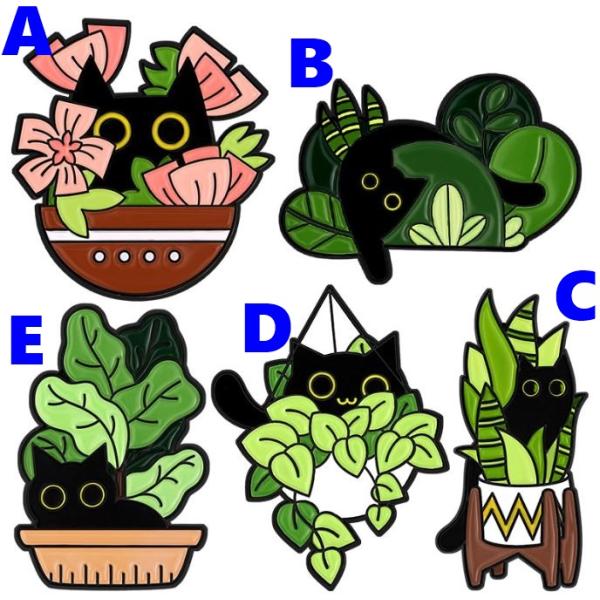 ご覧いただきましてありがとうございます(^^)こちらは植物と可愛い黒猫のやわらかなエナメルピンバッジです。A：お花と黒猫　縦：約3センチ　横：約2.9センチ　重量：約5グラムB：だらんとする黒猫　縦：約2.1センチ　横：約3センチ　重量：約...