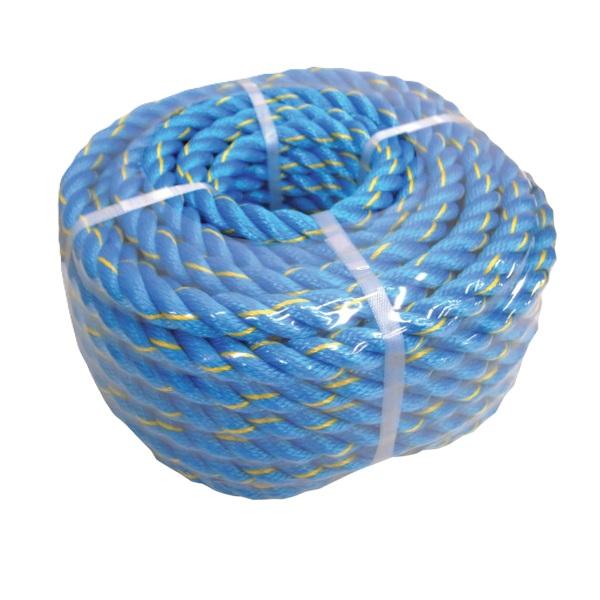 ■【ロープ種類】：ニューテトロン■【型番】：DGY-161PS■【仕様】●色：青色●3打ち（3ストランド）、両端テープ止め●材質：ニューテトロン(ポリエステル　黄色線入)●径×長さ：16mm×メートル単位での販売■【納期】：通常翌日〜4日発送