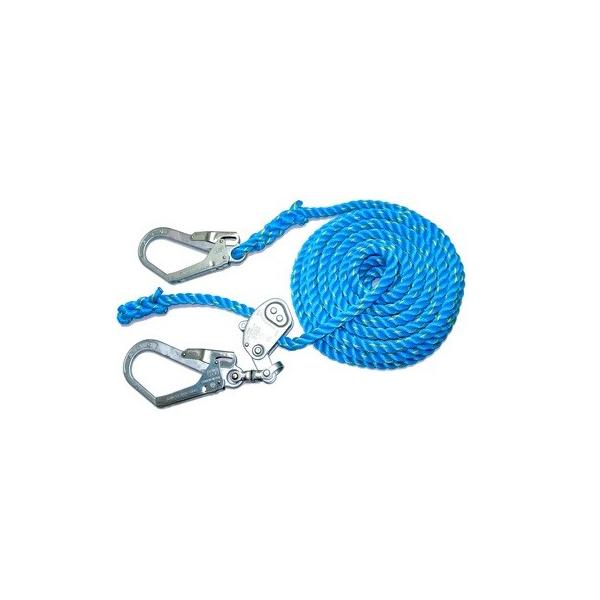 ■【ロープ種類】：エステルタスラン■【型番】：DGY-1610PS■【仕様】●色：青色●材質：エステルタスラン(ポリエステル　黄色線入)●端末処理：片大口径フック付き、片逆サツマ加工、緊張器（97ハリップ）付き●径×長さ：16mm×10m■...