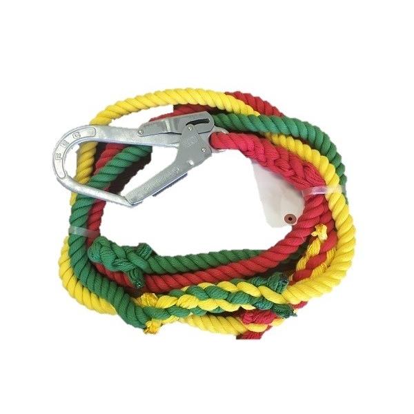 ■【ロープ種類】：エステル三色ロープ■【型番】：DGY-3125■【仕様】●3色：赤1.5m・黄色1.5m・緑色2m●材質：エステル●端末処理：片大口径フック付き、片逆サツマ加工●径×長さ：12mm×5m■【納期】：通常翌日〜4日発送