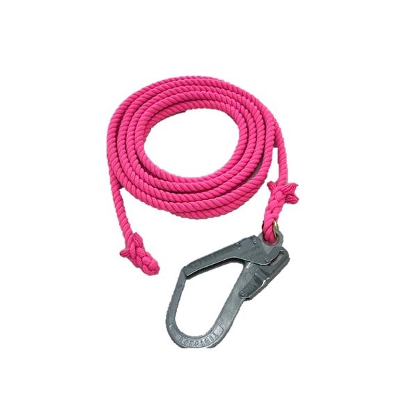 ■【ロープ種類】：蛍光ピング介錯ロープ■【型番】：DGYB-3125■【仕様】●色：蛍光ピンク色●端末処理：片大口径フック付き、片逆サツマ加工●径×長さ：12mm×5m■【納期】：通常翌日〜4日発送