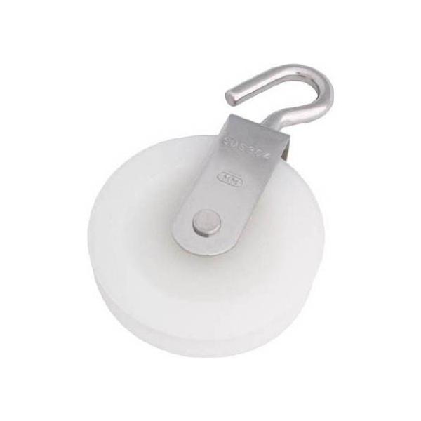 ■【メーカー】：（株）水本機械製作所■【型番】：PB65H■【仕様】●基本使用荷重(t)：0.02●車径(mm)：66●最大適用ロープ径(mm)：~9mm●車数：1●フックタイプ●車溝幅(mm)：9●枠:ステンレス（SUS304）●シーブ:...