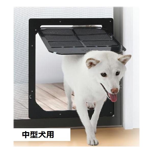 網戸を閉めても、出入り自由！【特長】■樹脂ネット網戸の網部分に取り付けられるペットドアです。■室内枠と本体を網戸で挟み、固定ねじで取り付けます。■フラップは磁石がついているので自然に戻ります。【仕様】■材質　枠：ABS樹脂　ドア：メタクリル...