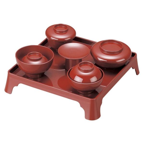 喰い初め（食べ初め）膳セット　総朱（男の子用）　■喰い初め膳（27.7x27.7xH5.8cm）■飯椀　　　　（10ΦxH5.8cm）蓋つき■汁椀　　　　（9.3ΦxH7.2cm）蓋つき■平椀　　　　（11ΦxH5.6cm）蓋つき■つぼ椀　...
