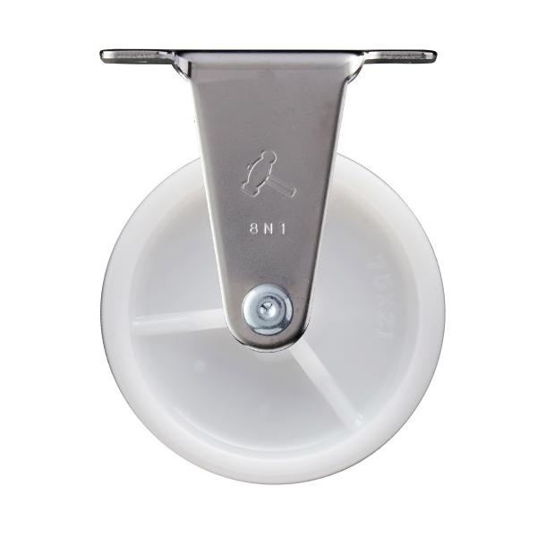 《仕様》●車輪：ナイロン車●取付タイプ：平付固定●材質・表面処理：ステンレス●車輪サイズ：75mm●許容荷重：50daN●取付高：92mm●取付座：70×42mm●取付寸法：56×28mm●取付穴径：6.5mm●車幅：21mm 《特長》●耐...