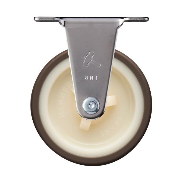 《仕様》●車輪：ウレタン車(熱可塑性)●取付タイプ：平付固定●材質・表面処理：ステンレス●車輪サイズ：75mm●許容荷重：50daN●取付高：92mm●取付座：70×42mm●取付寸法：56×28mm●取付穴径：6.5mm●車幅：21mm ...