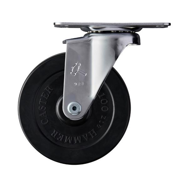 《仕様》●車輪：ゴム車●取付タイプ：平付旋回●材質・表面処理：スチール(クロームメッキ)●車輪サイズ：100mm●許容荷重：50daN●取付高：122mm●取付座：100×58mm●取付寸法：82×40mm●取付穴径：8.8mm●偏心：32...