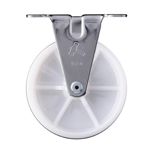 《仕様》●車輪：ナイロン車●取付タイプ：平付固定●材質・表面処理：スチール(クロームメッキ)●車輪サイズ：100mm●許容荷重：60daN●取付高：122mm●取付座：100×58mm●取付寸法：82×40mm●取付穴径：8.8mm●車幅：...