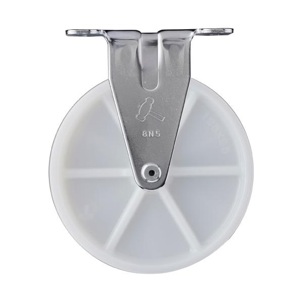 《仕様》●車輪：ナイロン車●取付タイプ：平付固定●材質・表面処理：スチール(クロームメッキ)●車輪サイズ：125mm●許容荷重：70daN●取付高：148mm●取付座：100×58mm●取付寸法：82×40mm●取付穴径：8.8mm●車幅：...