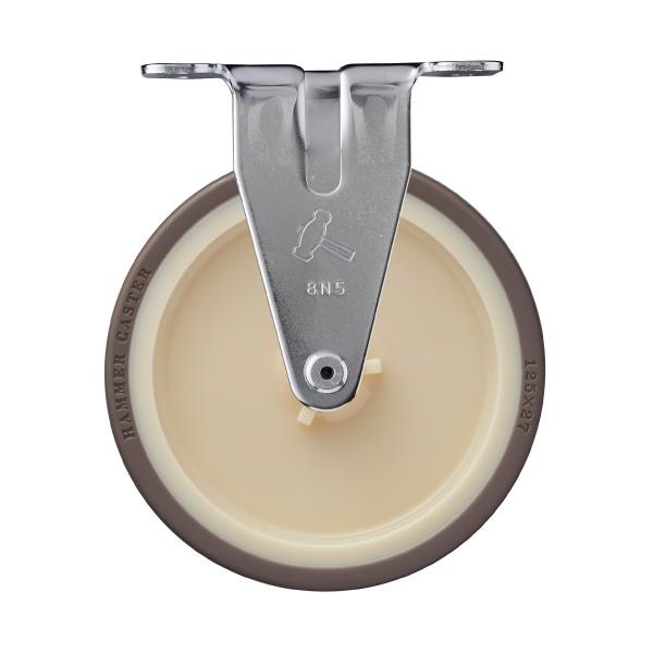 《仕様》●車輪：ウレタン車(熱可塑性)●取付タイプ：平付固定●材質・表面処理：スチール(クロームメッキ)●車輪サイズ：125mm●許容荷重：70daN●取付高：148mm●取付座：100×58mm●取付寸法：82×40mm●取付穴径：8.8...