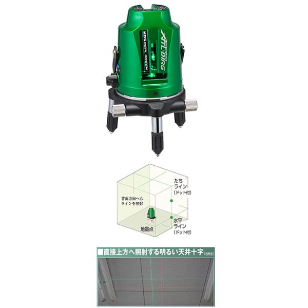 《仕様》●光源：520nm緑色半導体レーザー(地墨：650nm赤色半導体レーザー)●光出力：1mW以下●レーザークラス2(JIS C 6802：2014)●精度：±1mm/10m●ライン幅：約2mm/5m●制動方式：磁気制動方式●自動補正範...