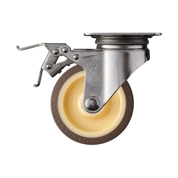 《仕様》●車輪：ウレタン車(熱可塑性)●取付タイプ：平付旋回●ストッパー付き●材質・表面処理：ステンレス●車輪サイズ：100mm●許容荷重：100daN●取付高：132mm●取付座：90×90mm●取付寸法：68×68(71×71)mm●取...