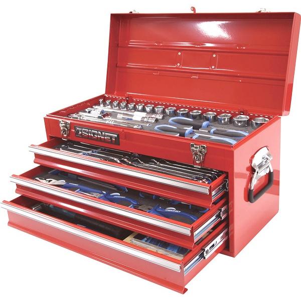 《仕様》●商品点数：56点●ツールボックスサイズ(W×D×H)：555×240×300mm●重量：22.0kg《特長》●3段式のツールボックスに、1/2DRのソケット、レンチ類と、ペンチ類をセットしたベーシックな工具セットです。●メガネレン...