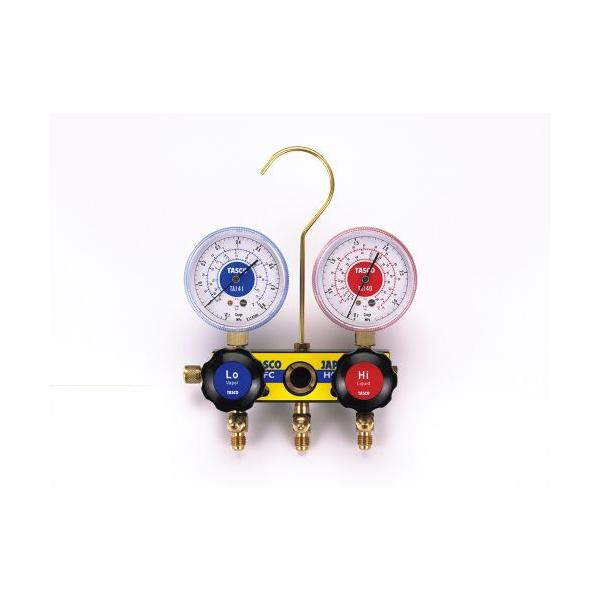 《仕様》●マニホールド本体●高耐圧ニードルパッキン●ゲージ取付ネジ：1/8NPT●接続ポート：1/4フレア●サイトグラス付●チャージホース●92cm(赤・青・黄)(TA136A)●接続口径：1/4フレア●常用圧力：5.5MPa●圧力計：-0...