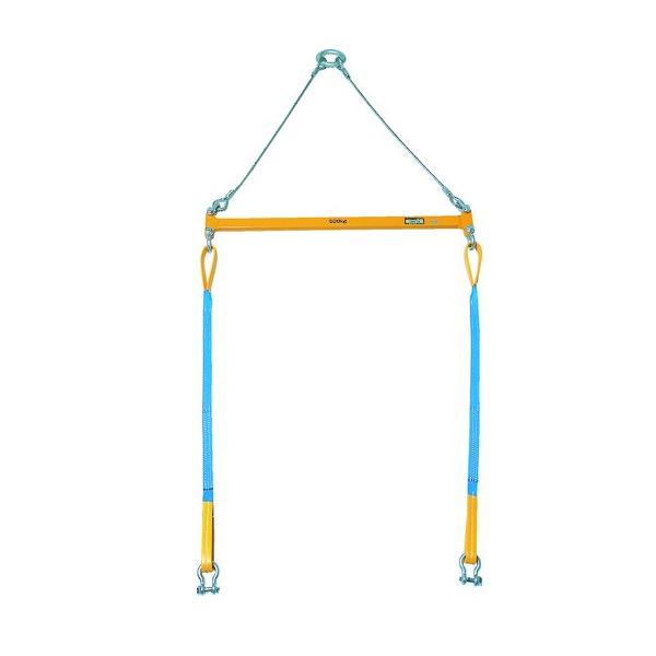 《仕様》● 容量：500kg●スパン長：800mm《特長》●安全とバランスよい吊り上げ作業のための専用天秤です。●天秤上部：吊環・ワイヤロープ・シャックル付、天秤下部：シャックル・スリングベルト・シャックル付です。