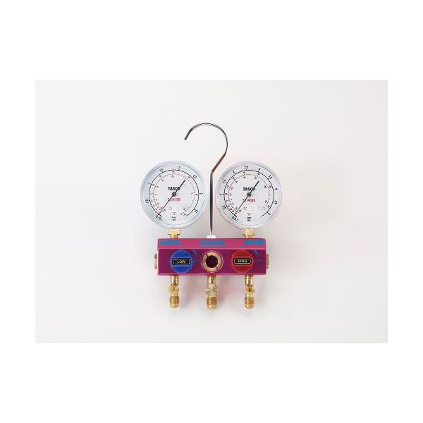 《仕様》●マニホールド本体●ボール弁式開閉バルブ●ゲージ取付ネジ：1/8NPT●ホース接続ポート：5/16フレア●サイトグラス付●圧力計/連成計●圧力計：-0.1〜5.3MPa(TA140GB)●連成計：-0.1〜3.8MPa(TA141G...